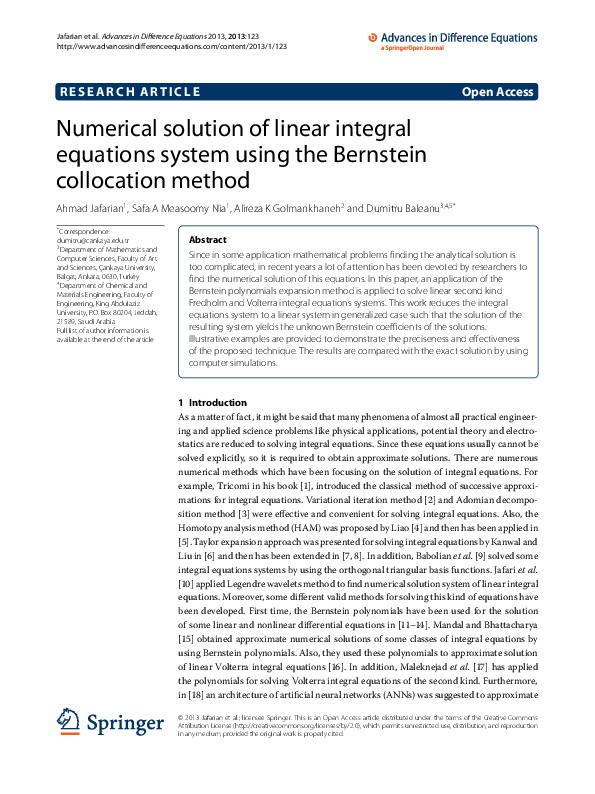 Pdf Numerical Solution Of Linear Integral Equations System Using The