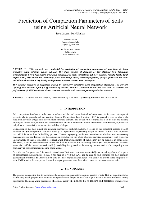 (PDF) Prediction of Compaction Parameters of Soils using Artificial Neural Network
