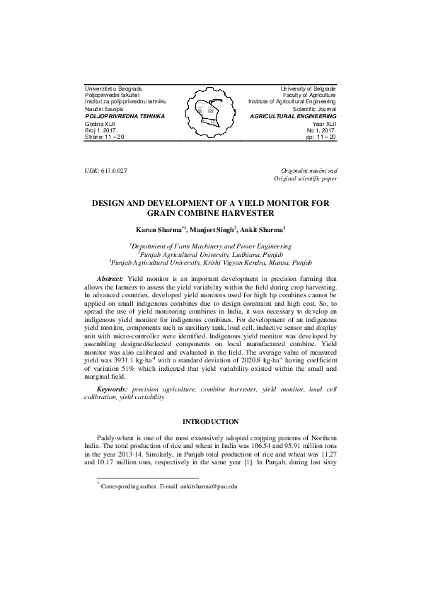 (PDF) Design and Development of a Yield Monitor for Grain Combine Harvester