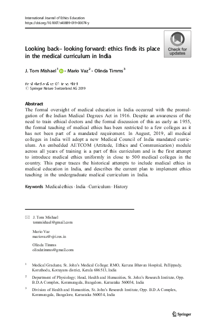 (PDF) Looking back– looking forward: ethics finds its place in the medical curriculum in India
