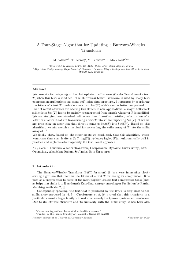 Pdf A Four Stage Algorithm For Updating A Burrows Wheeler Transform Laurent Mouchard