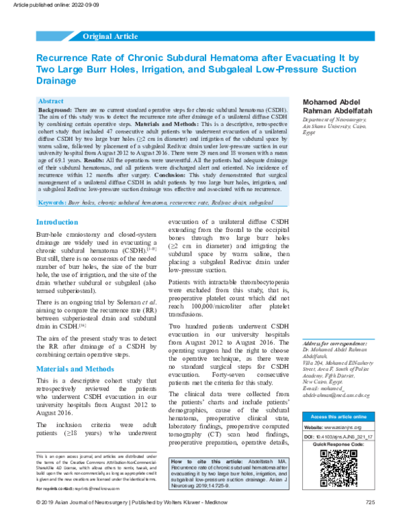 Pdf Recurrence Rate Of Chronic Subdural Hematoma After Evacuating It