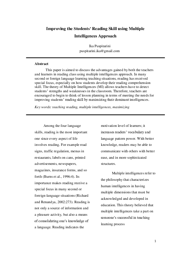 (PDF) Improving the Students’ Reading Skill using Multiple Intelligences Approach