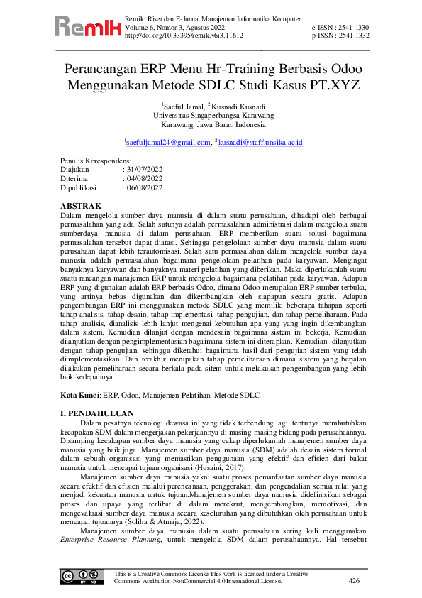 (PDF) Perancangan ERP Menu Hr-Training Berbasis Odoo Menggunakan Metode SDLC Studi Kasus PT.XYZ