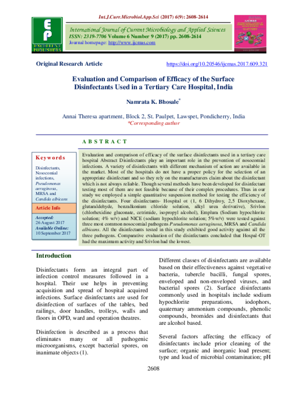 (PDF) Evaluation and Comparison of Efficacy of the Surface Disinfectants Used in a Tertiary Care ...
