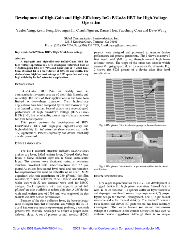 (PDF) Development of High-Gain and High-Efficiency InGaP/GaAs HBT for High-Voltage Operation