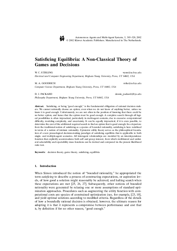 (PDF) Satisficing equilibria: A non-classical theory of games and decisions