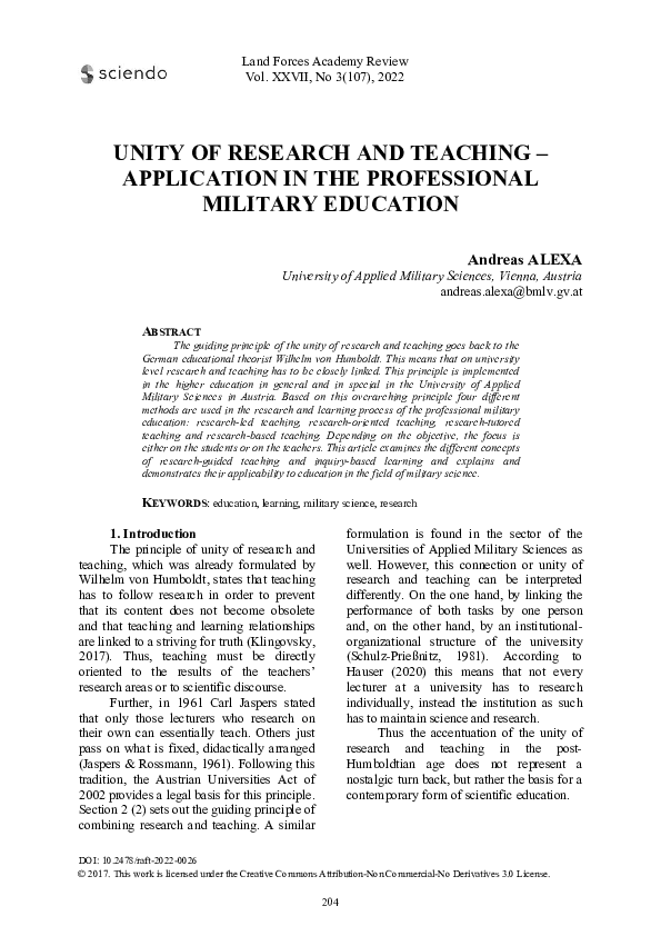 (PDF) Unity of Research and Teaching – Application in the Professional ...