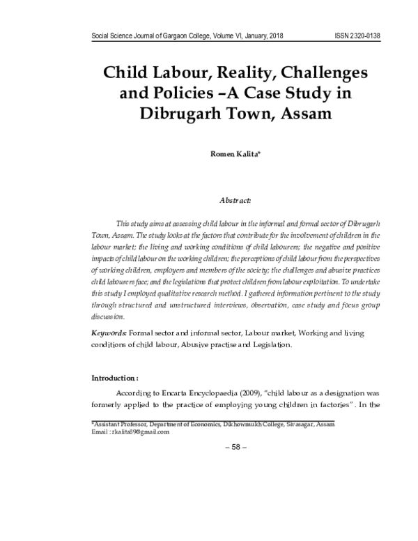 (PDF) Child Labour, Reality, Challenges and Policies -A Case Study in ...