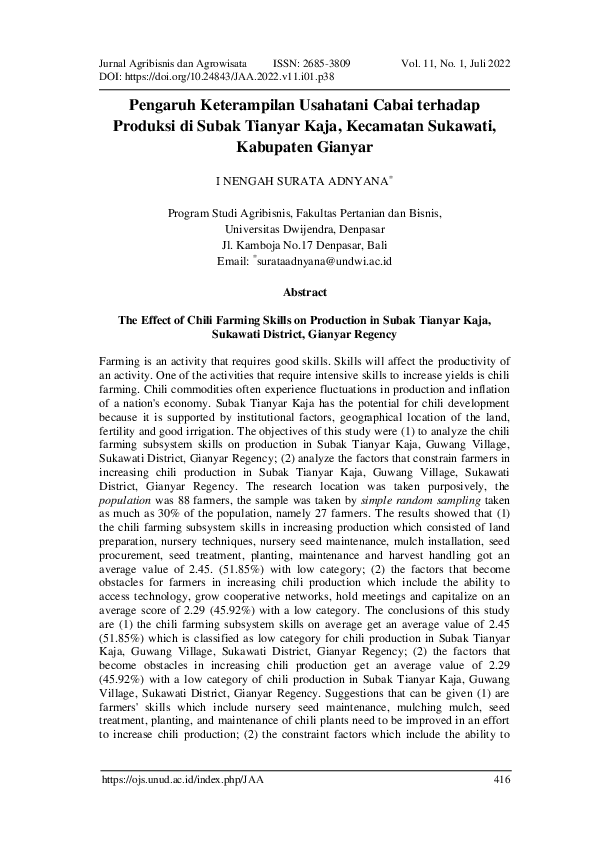 (PDF) Pengaruh Keterampilan Usahatani Cabai terhadap Produksi di Subak Tianyar Kaja, Kecamatan ...