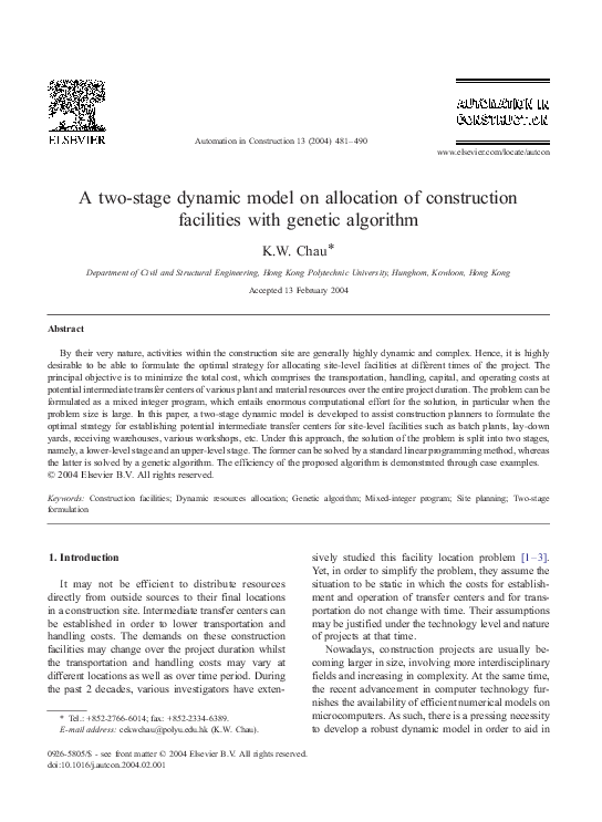 (PDF) A two-stage dynamic model on allocation of construction facilities with genetic algorithm