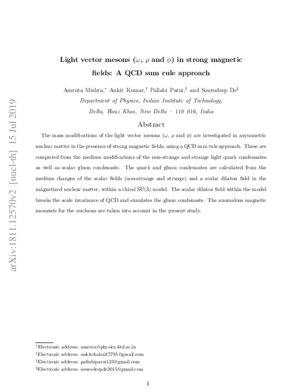 (PDF) Light vector mesons ( ω , ρ , and ϕ ) in strong magnetic fields: A QCD sum rule approach