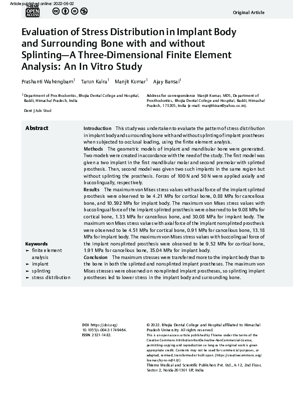 Pdf Evaluation Of Stress Distribution In Implant Body And Surrounding