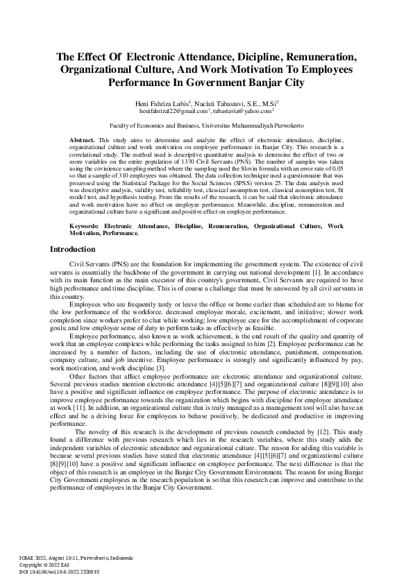 (PDF) The Effect Of Electronic Attendance, Dicipline, Remuneration, Organizational Culture, And ...