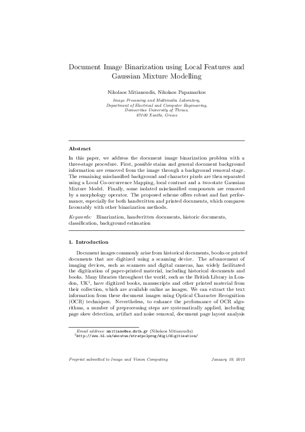 (PDF) Document image binarization using local features and Gaussian mixture modeling | Nikolaos ...