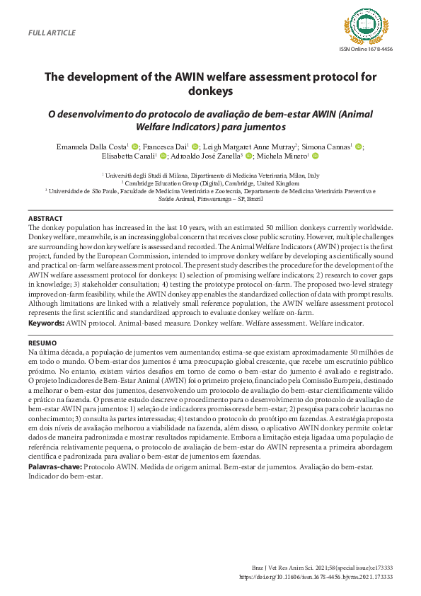 (PDF) The development of the AWIN welfare assessment protocol for donkeys