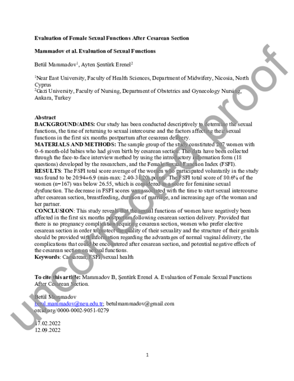 Pdf Evaluation Of Female Sexual Functions After Cesarean Section