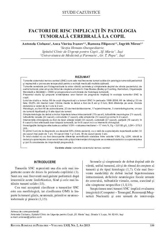 (PDF) Factori De Risc Implicaţi În Patologia Tumorală Cerebrală La ...