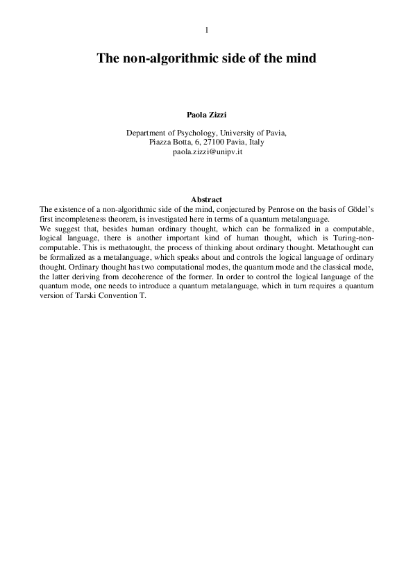 (PDF) The non-algorithmic side of the mind