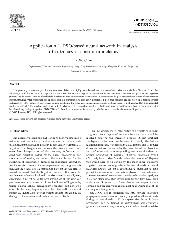 (PDF) Application of a PSO-based neural network in analysis of outcomes of construction claims
