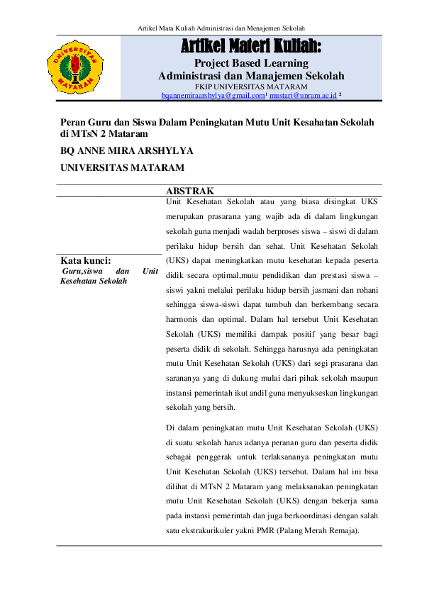 (PDF) Artikel Materi Kuliah: Project Based Learning Administrasi dan Manajemen Sekolah
