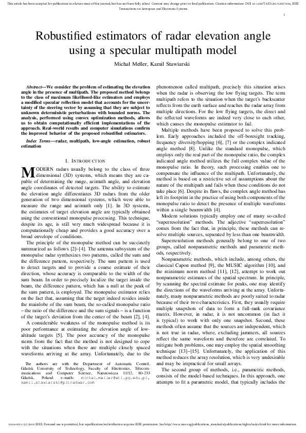(PDF) Robustified Estimators of Radar Elevation Angle Using a Specular ...