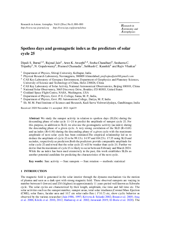 (PDF) Spotless days and geomagnetic index as the predictors of solar ...