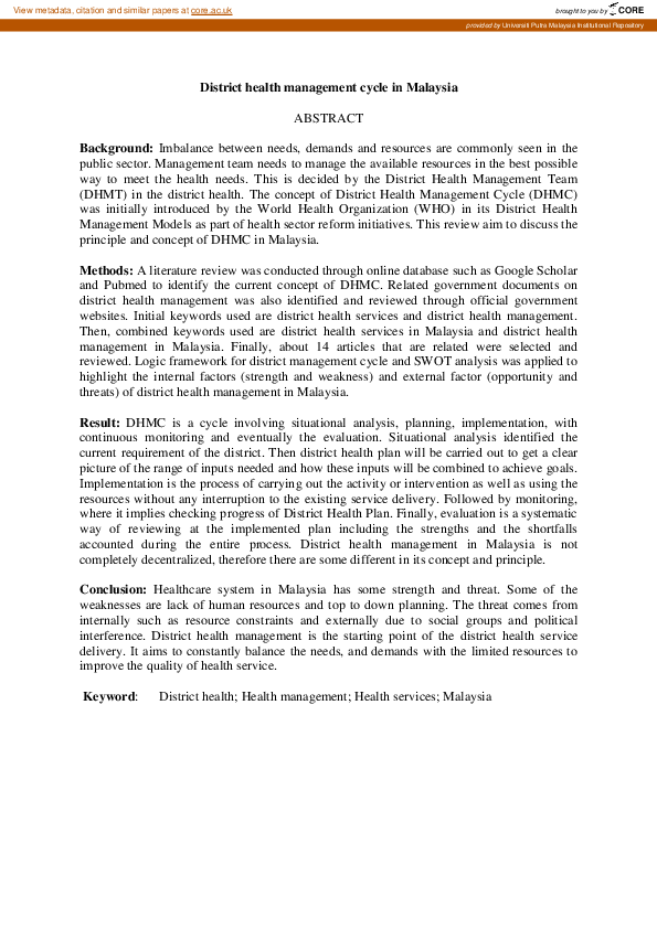 (PDF) District Health Management Cycle in Malaysia