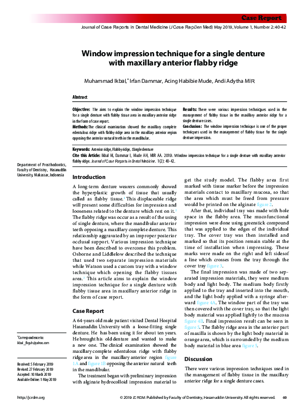 (PDF) Window impression technique for a single denture with maxillary ...
