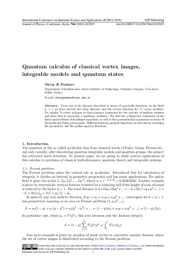 (PDF) Quantum calculus of classical vortex images, integrable models ...