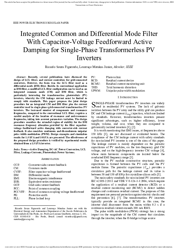 Pdf Integrated Common And Differential Mode Filter Applied To A Single Phase Transformerless