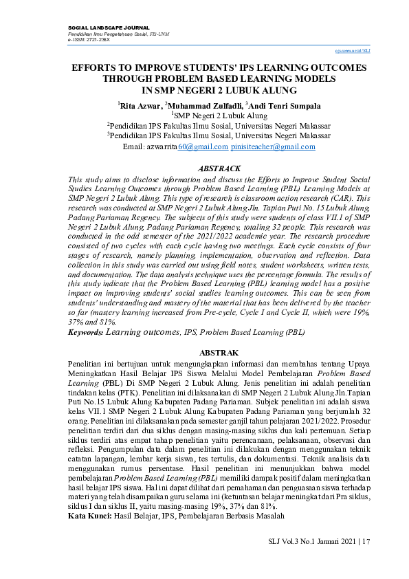 (PDF) Efforts To Improve Students' Ips Learning Outcomes Through Problem Based Learning Models ...