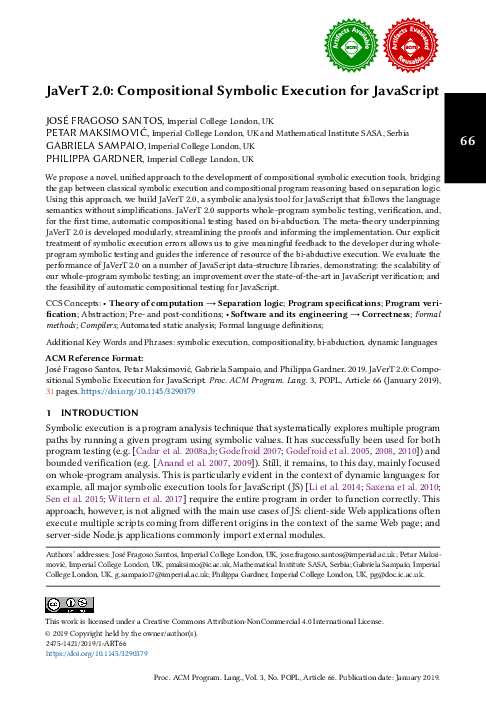 (PDF) JaVerT 2.0: compositional symbolic execution for JavaScript | Philippa Gardner - Academia.edu
