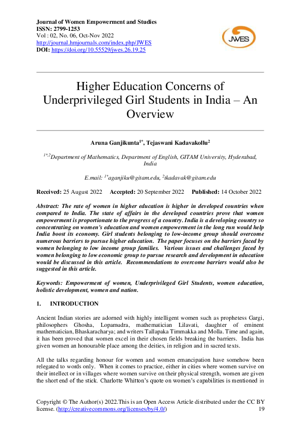 (PDF) Higher Education Concerns of Underprivileged Girl Students in ...