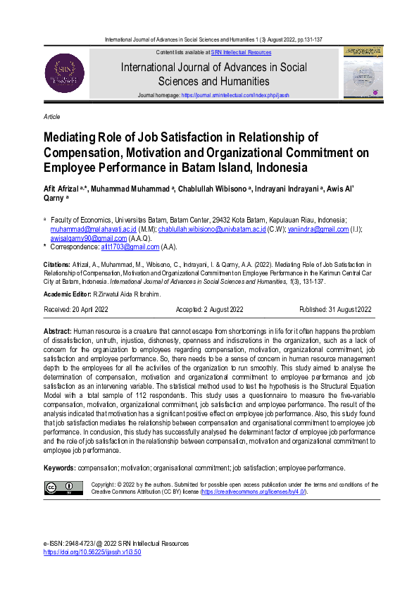 Pdf Mediating Role Of Job Satisfaction In Relationship Of Compensation Motivation And