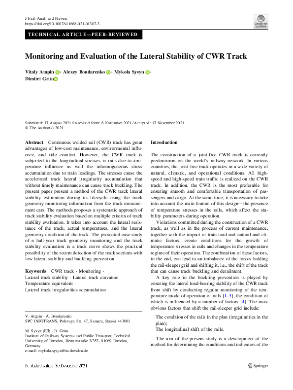 (PDF) Monitoring and Evaluation of the Lateral Stability of CWR Track