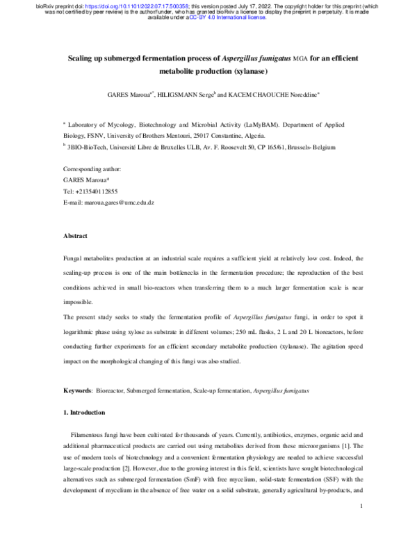 (PDF) Scaling up submerged fermentation process of Aspergillus fumigatus mga for an efficient ...