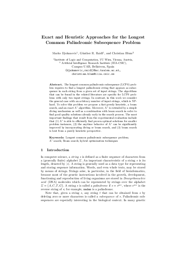 (PDF) Exact and Heuristic Approaches for the Longest Common Palindromic Subsequence Problem