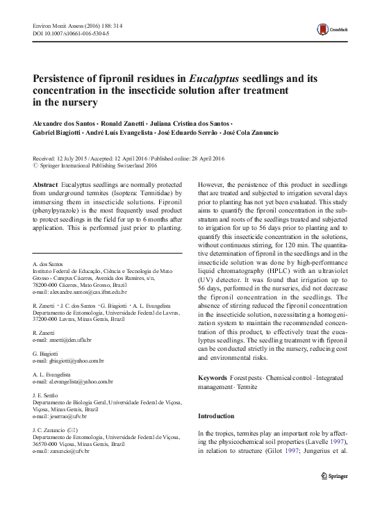 (PDF) Persistence of fipronil residues in Eucalyptus seedlings and its ...