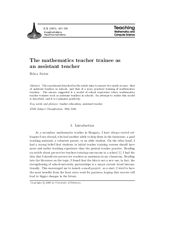 (PDF) The mathematics teacher trainee as an assistant teacher