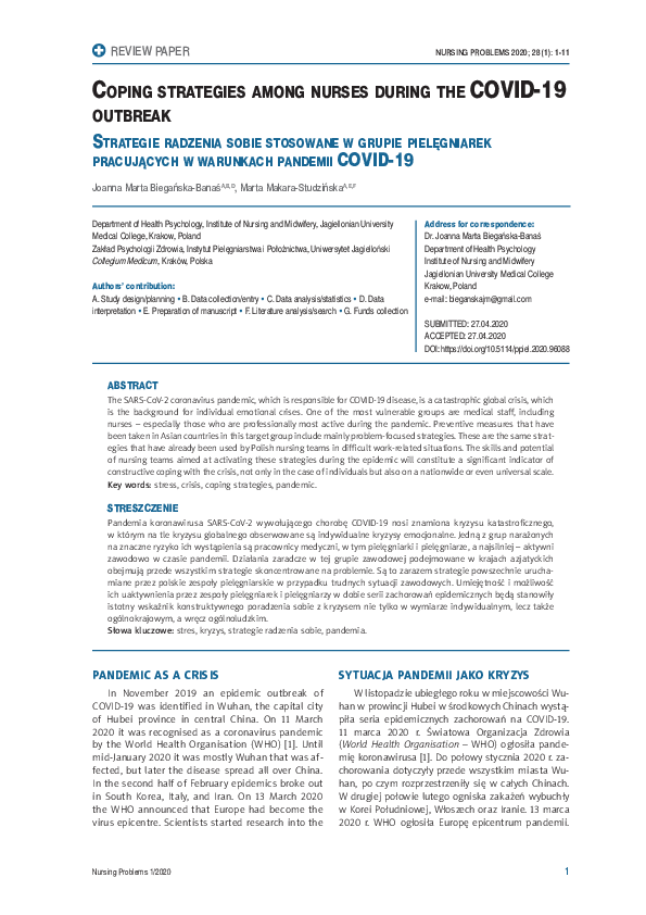 (PDF) Coping strategies among nurses during the COVID -19 outbreak | Joanna Biegańska-Banaś ...