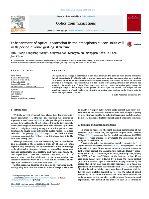 (PDF) Enhancement of optical absorption in the amorphous silicon solar cell with periodic wave ...