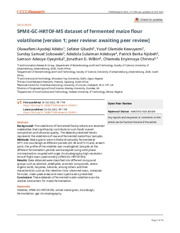 (PDF) SPME-GC-HRTOF-MS dataset of fermented maize flour volatilome