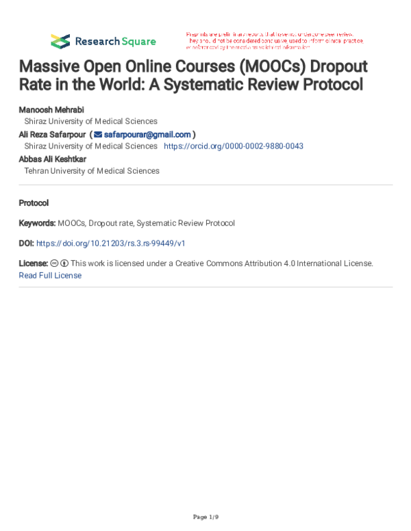 (PDF) Massive Open Online Courses (MOOCs) Dropout Rate in the World: A Systematic Review Protocol