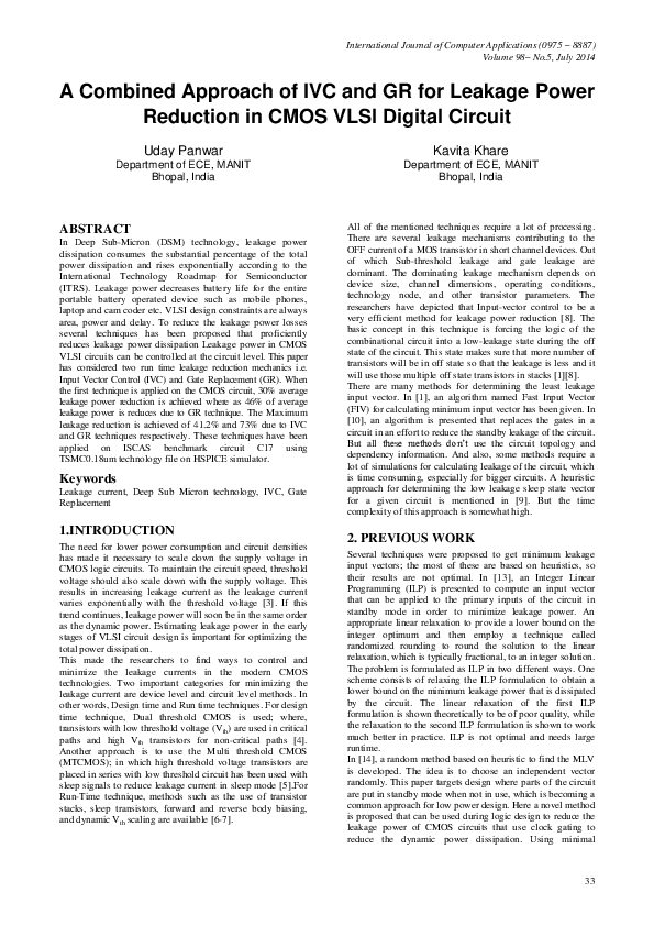 (PDF) A Combined Approach of IVC and GR for Leakage Power Reduction in CMOS VLSI Digital Circuit