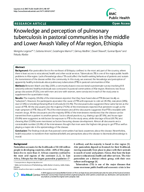 (PDF) Knowledge and perception of pulmonary tuberculosis in pastoral ...