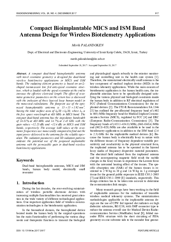 (PDF) Compact Bioimplantable MICS and ISM Band Antenna Design for Wireless Biotelemetry Applications