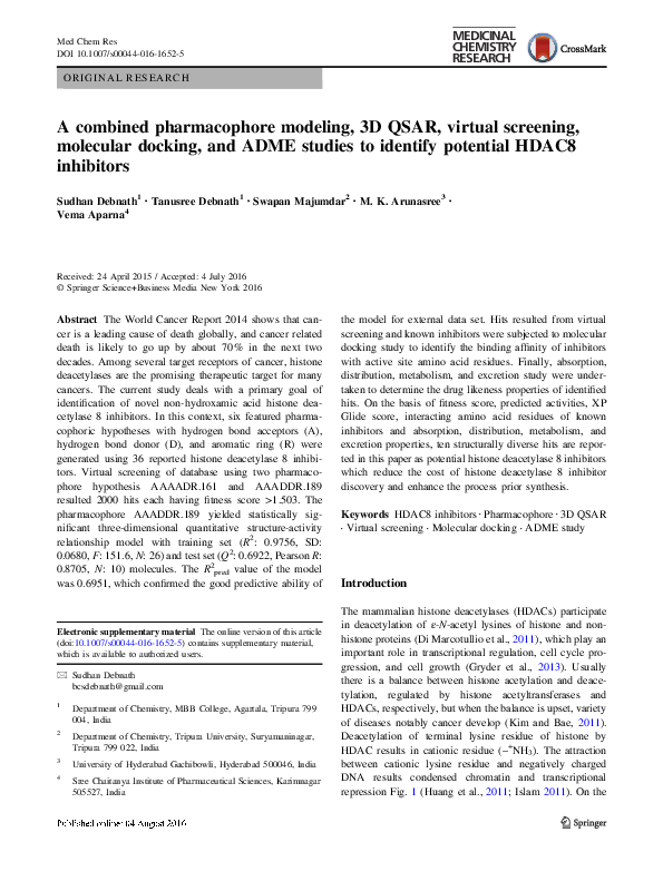 (PDF) A combined pharmacophore modeling, 3D QSAR, virtual screening, molecular docking, and ADME ...