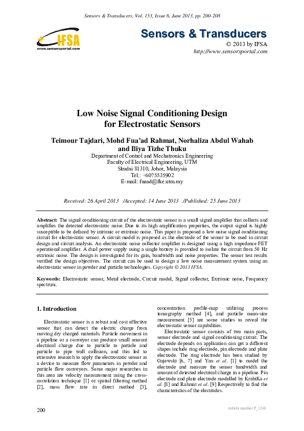 (PDF) Low Noise Signal Conditioning Design for Electrostatic Sensors
