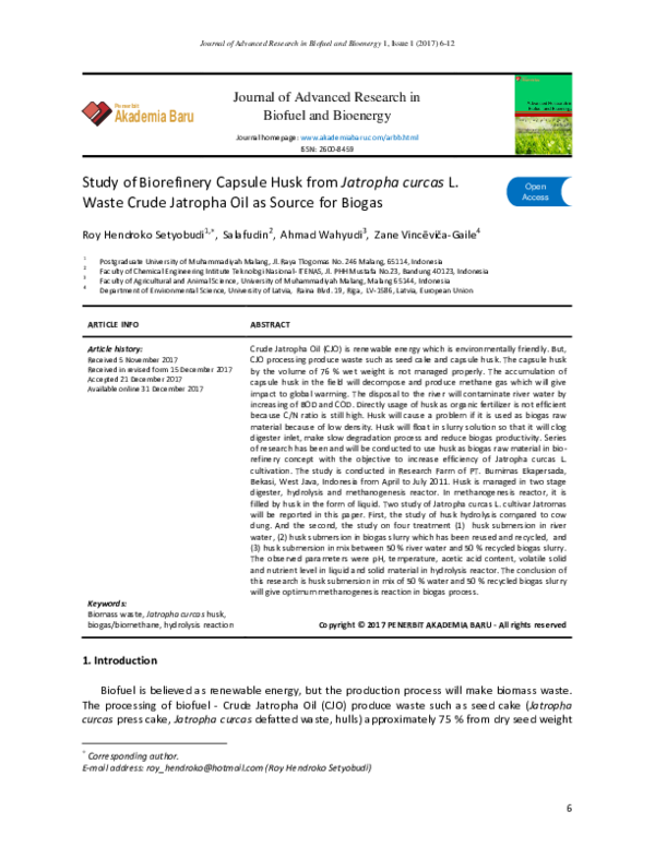 (PDF) Biogas Production from Jatropha Oil Waste